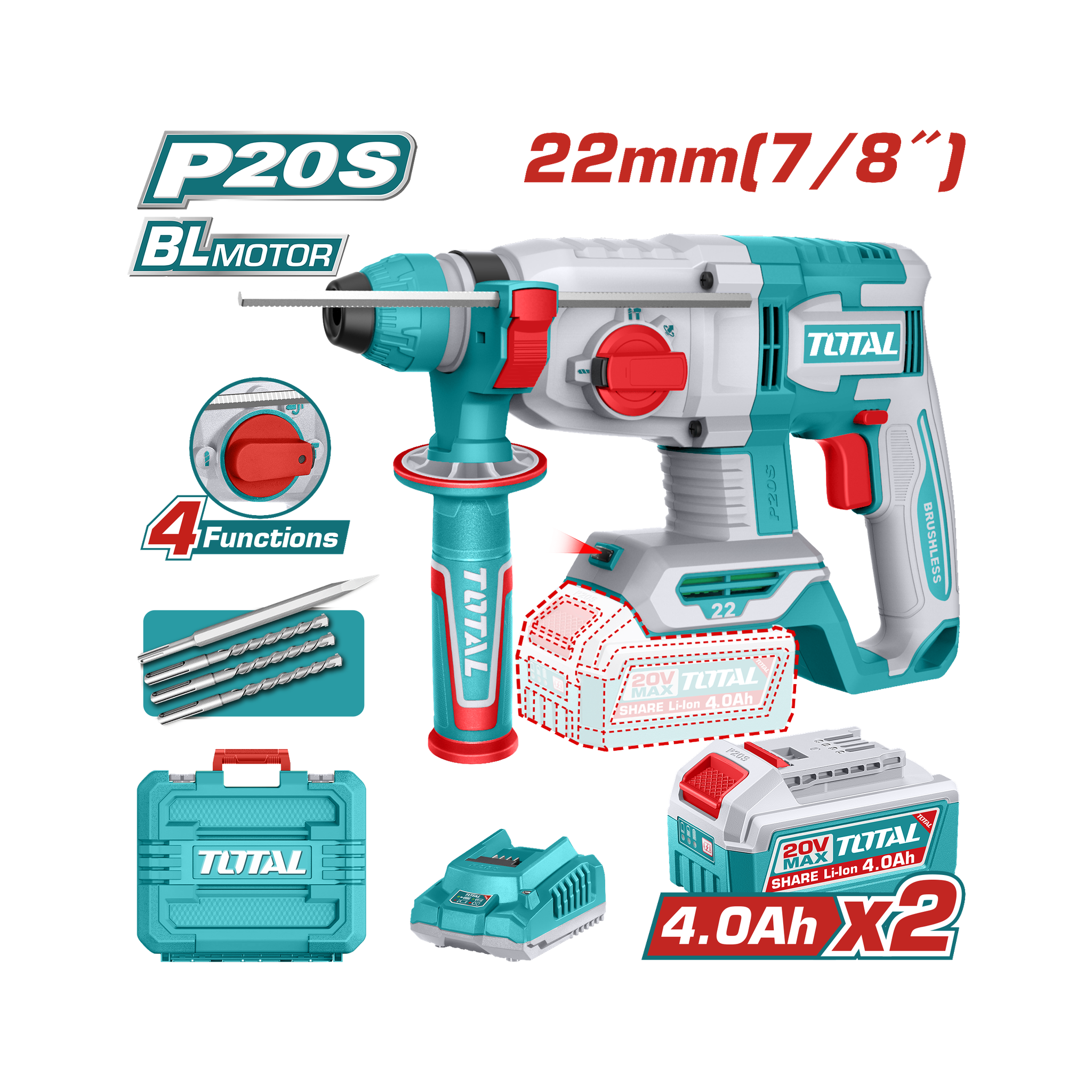 Total 20V 22mm Cordless Rotary Hammer Full Set with 2 Pcs 20V 4.0Ah Li ...