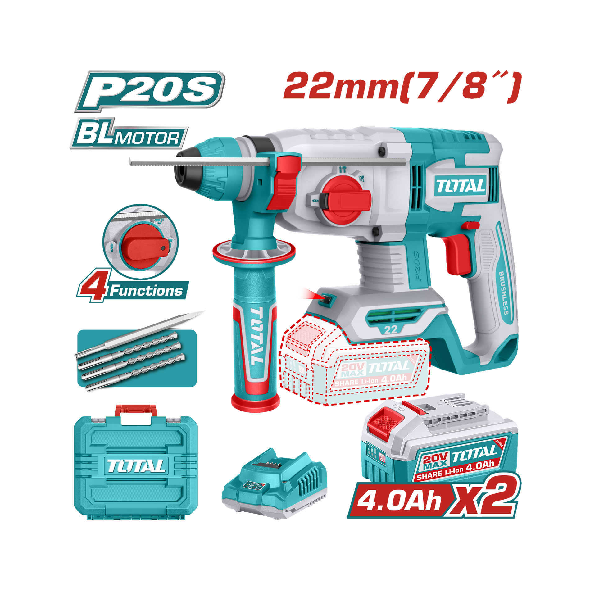 Total 20V 22mm Cordless Rotary Hammer Full Set with 2 Pcs 20V 4.0Ah Li ...