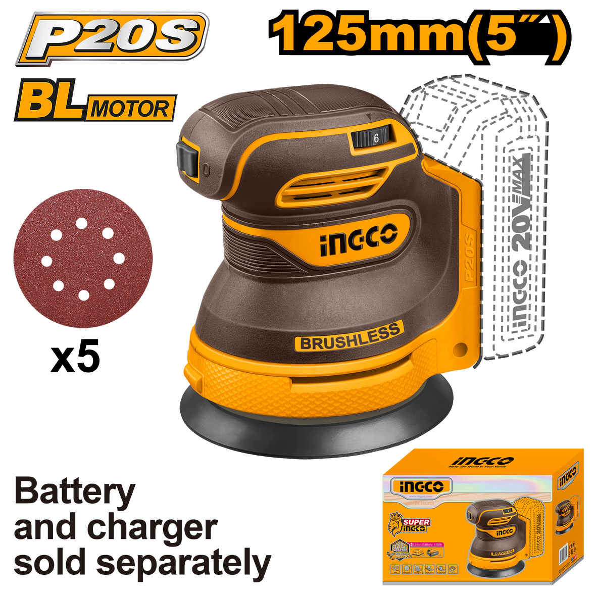 Ingco 20V Orbital Sander 125Mm for sale | AHM Online (Pty) Ltd
